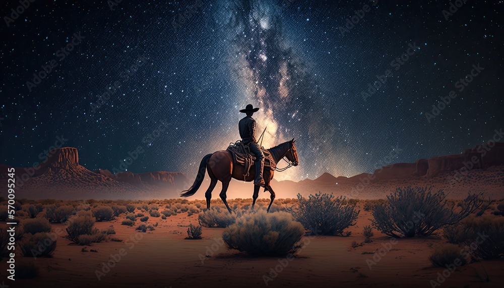 Lone western cowboy riding a horse in the desert under a starry night ...