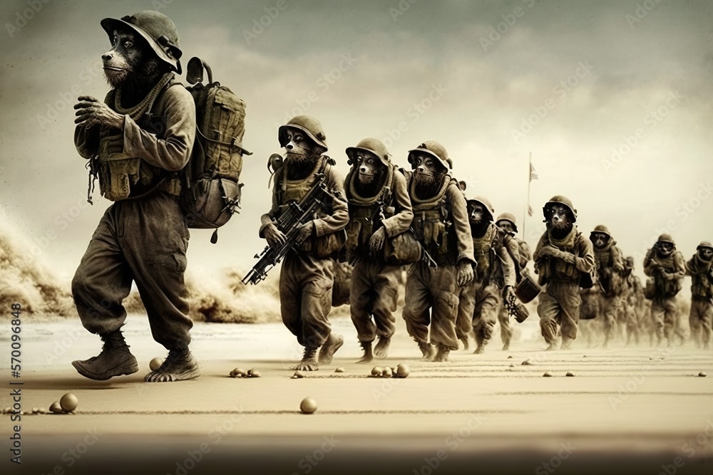 A military landing party consisting of monkeys dressed as soldiers ...