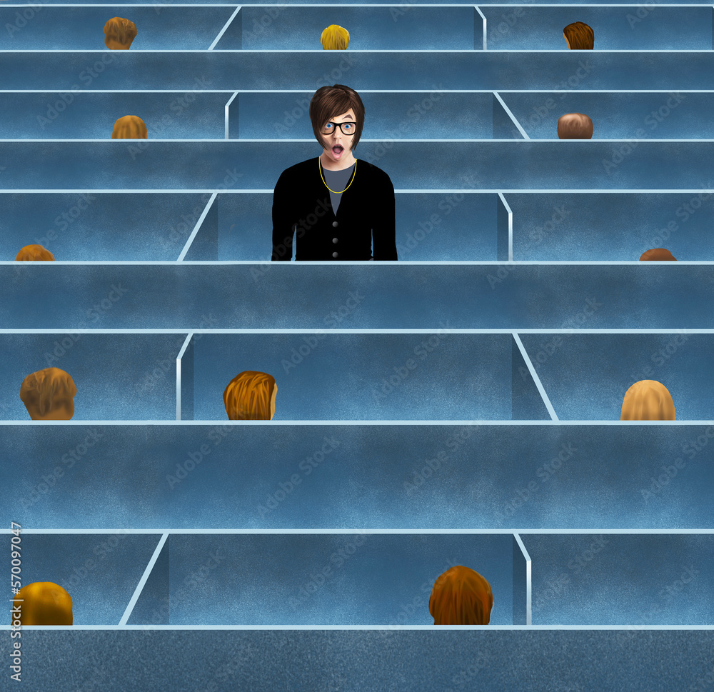 OFFICE CUBICLES- One of 14 offices workers looks up from his cubicle in ...