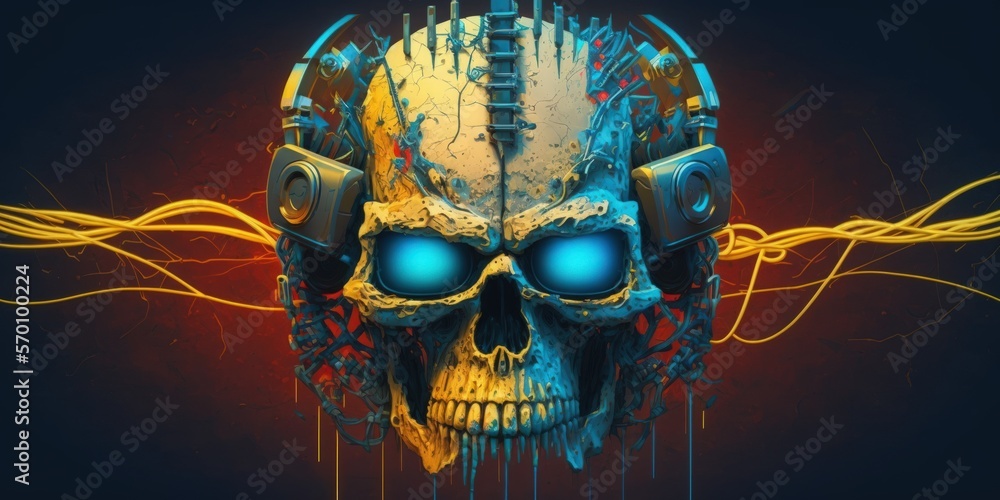 terrifying grunge cyber human skull portrait with wires, futuristic ...