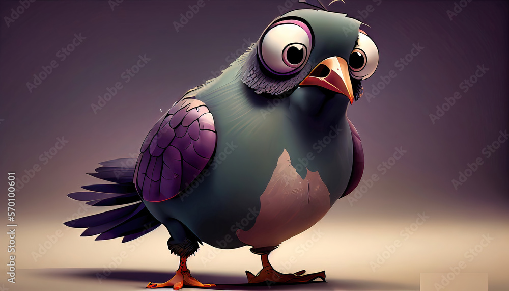 Goofy looking animated pigeon - stylized 3D shading animal in studio setting with big dopey eyes ...