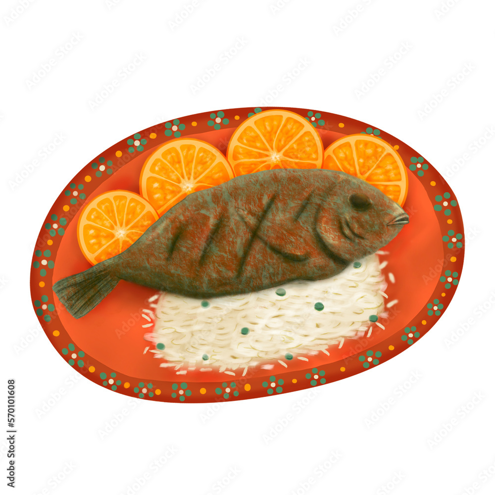 Ilustración mojarra frita al mojo de ajo con rodajas de naranja y arroz ...