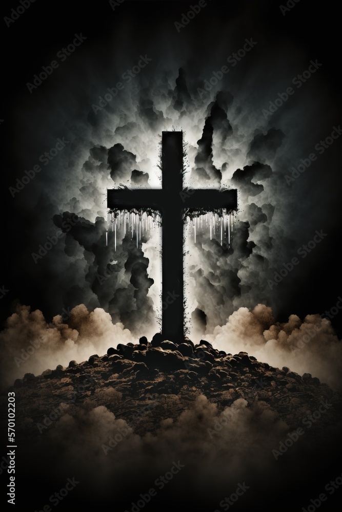 silhouette of a cross in a barren dark hell landscape. cross lighting ...