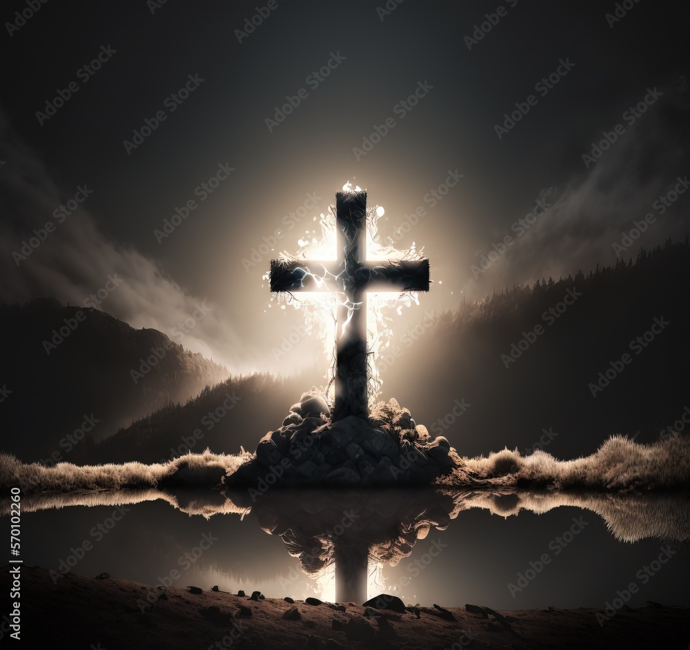 glowing cross lighting the dark landscape. fire crucifix. Stock ...