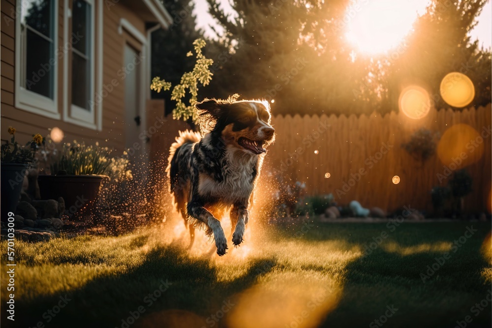 happy dog play in summer backyard Stock Illustration | Adobe Stock