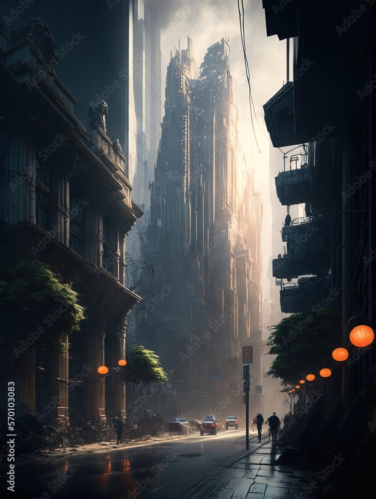 futuristic steampunk post apocalypse city street with buildings on both ...