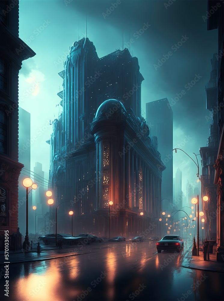 cloudy and misty street in a city with tall buildings. city street ...