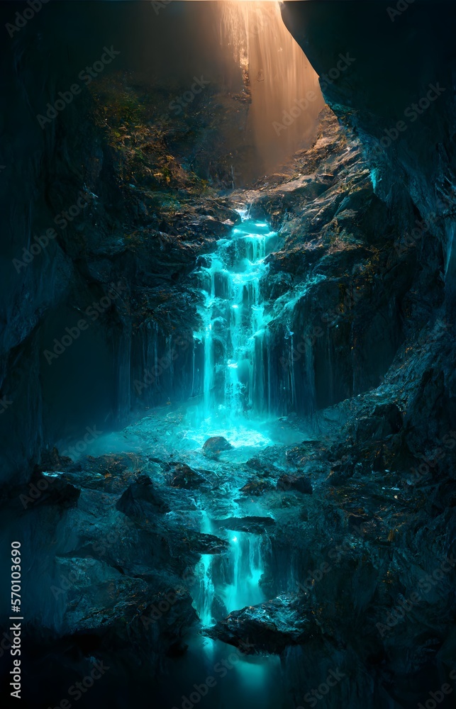 underground cliffside spectacular waterfall teal colored accents ...