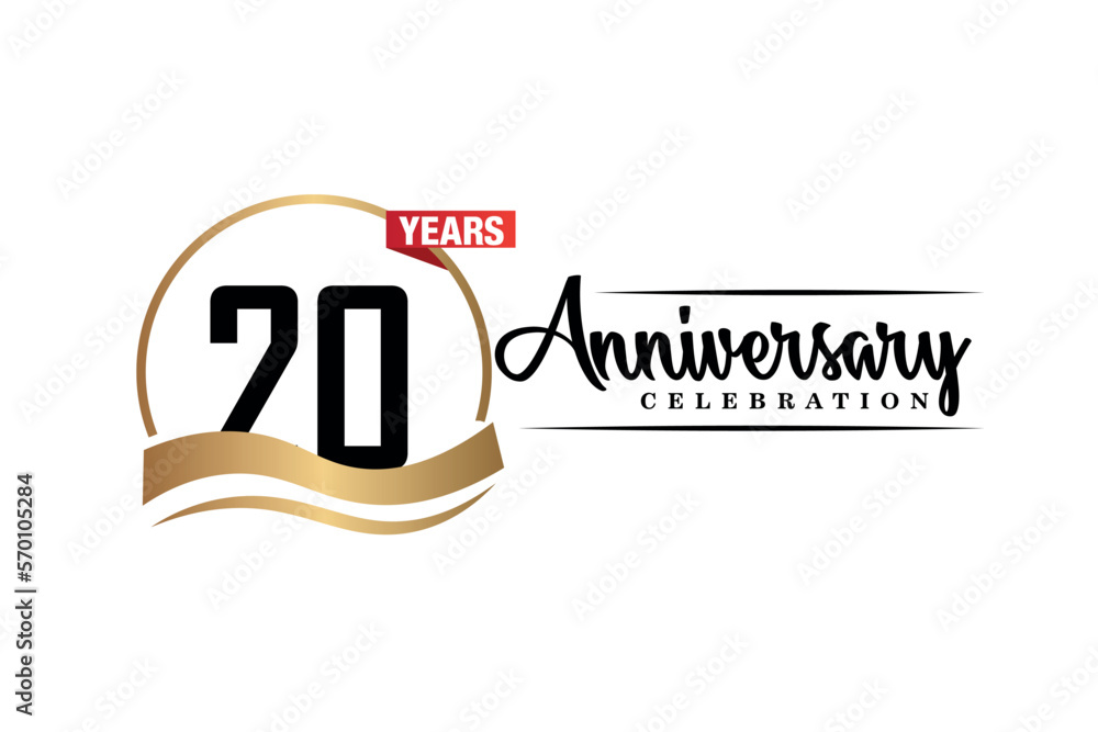 20th anniversary celebration logo vector design with gold black and red ...