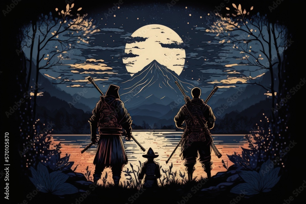 Samurai are pictured standing in front of a starry, cloudy night sky ...