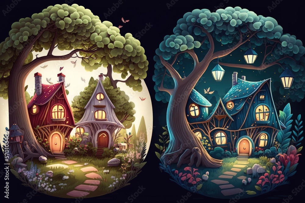 Two imaginary fairy homes in a tiny magical settlement in the woods ...