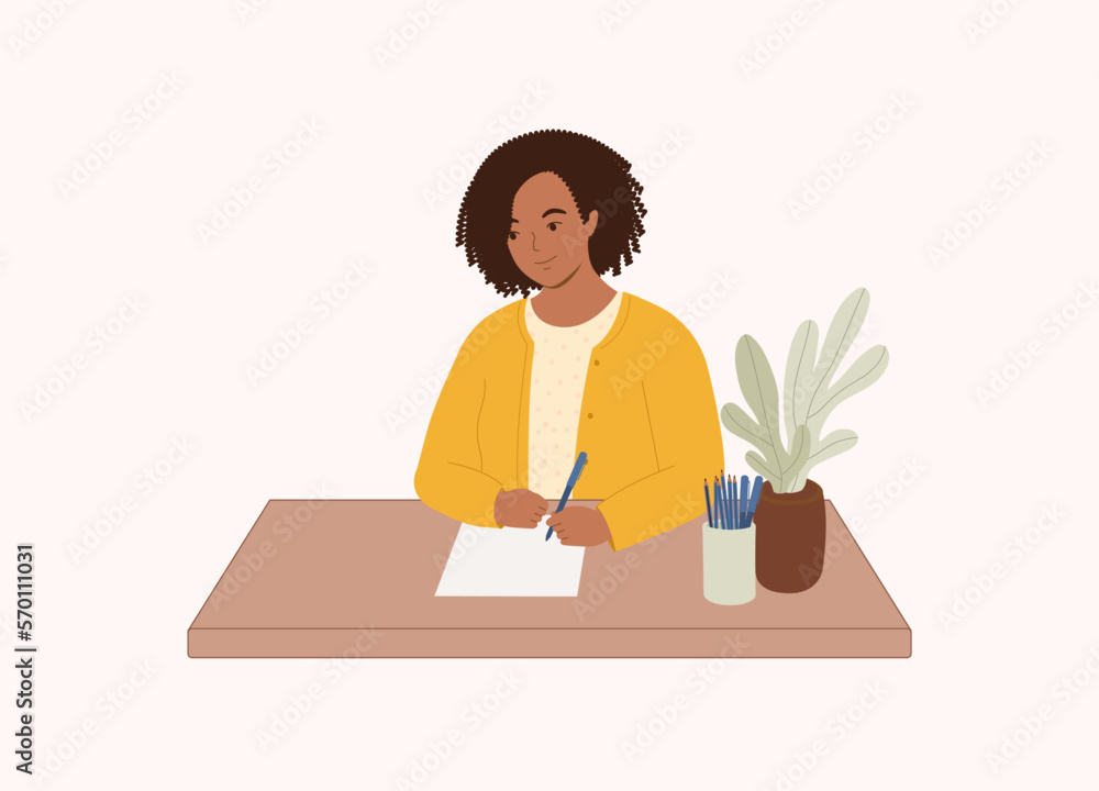 One Smiling Black Woman With Pen Writing On Paper. Half Length. Flat ...