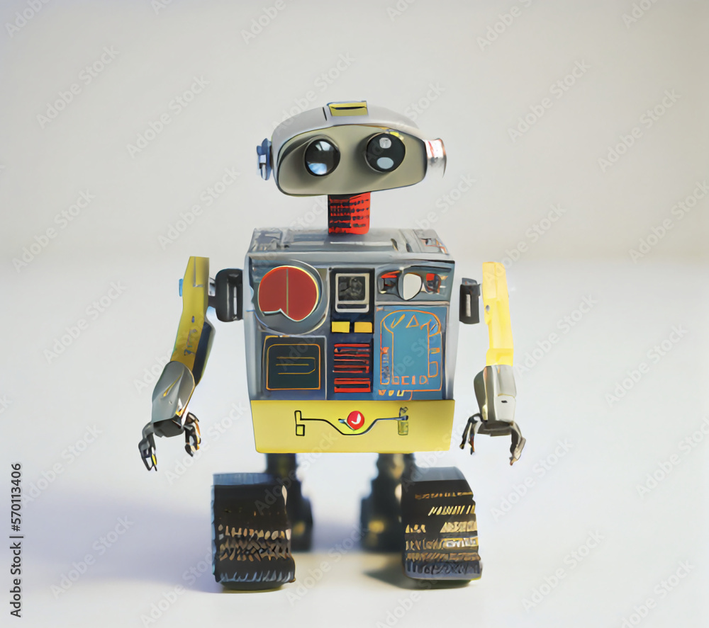 The little cute robot sits at a school lesson at a desk, does homework ...