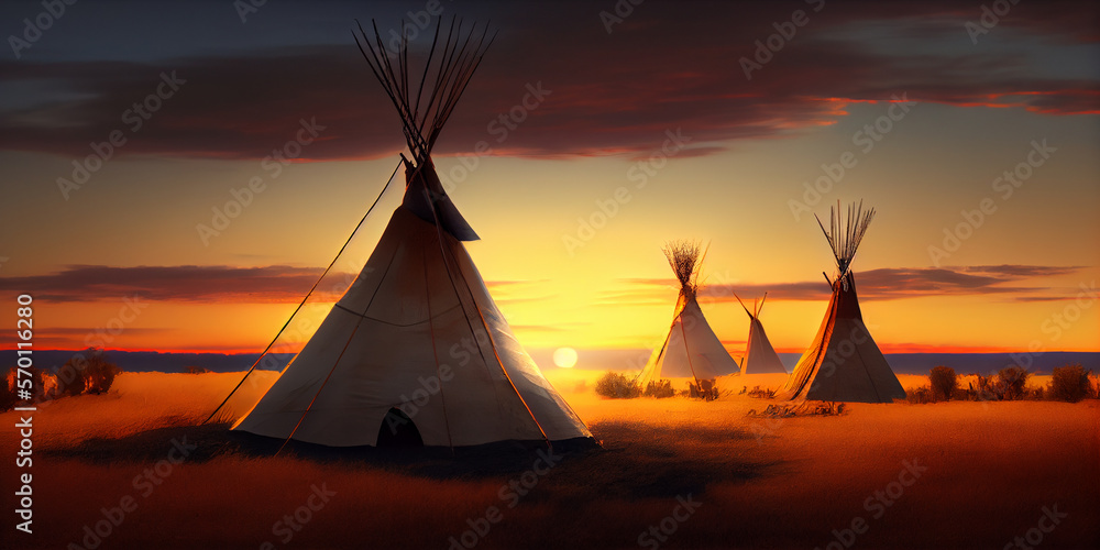 Indigenous encampment on the open prairies of North America. Generative ...