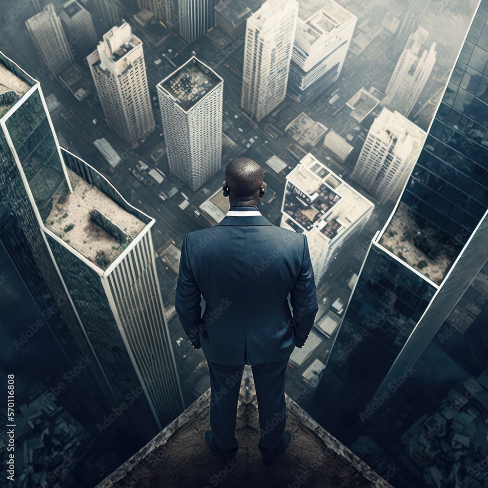 African American black man standing tall above city symbolizing humble ...