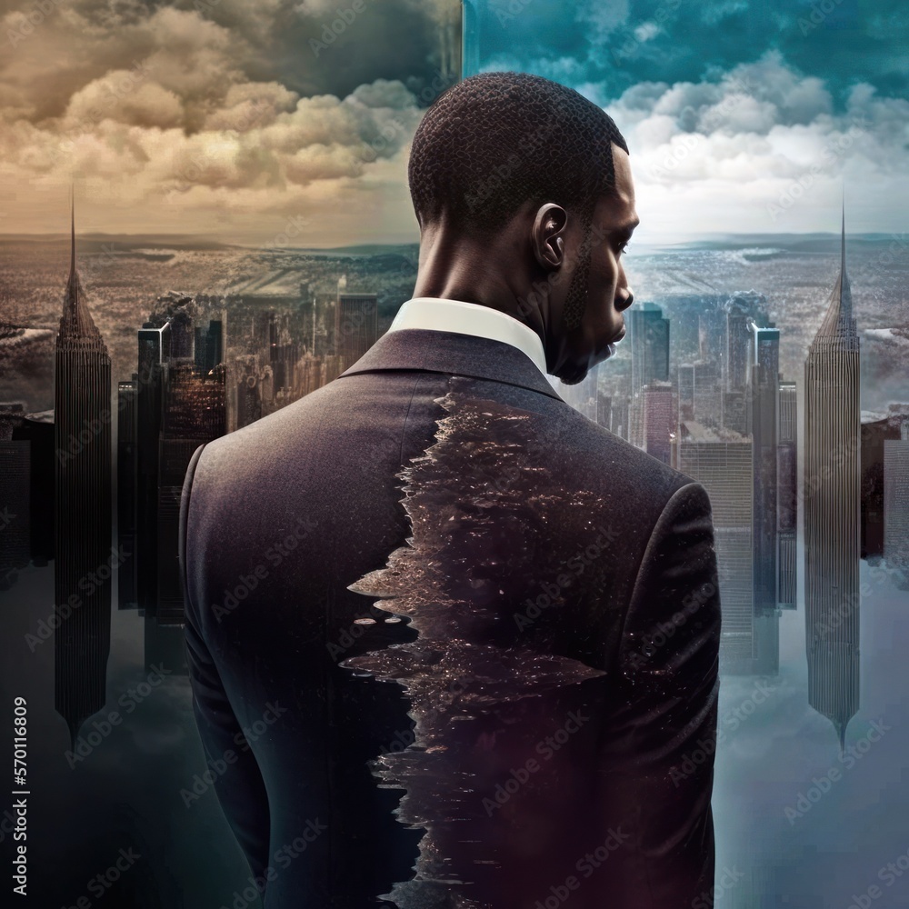 African American black man standing tall above city symbolizing humble ...