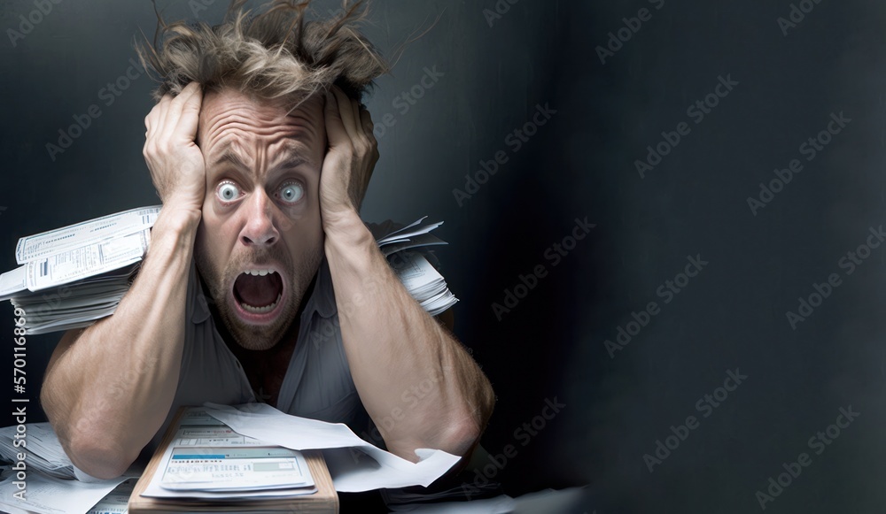 man with stress and panic from taxes, paperwork, bills, and financial ...