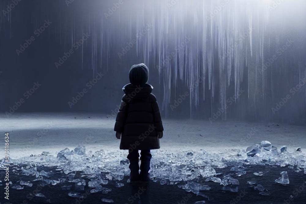 Created with Generative AI technology. Child standing alone near huge ...