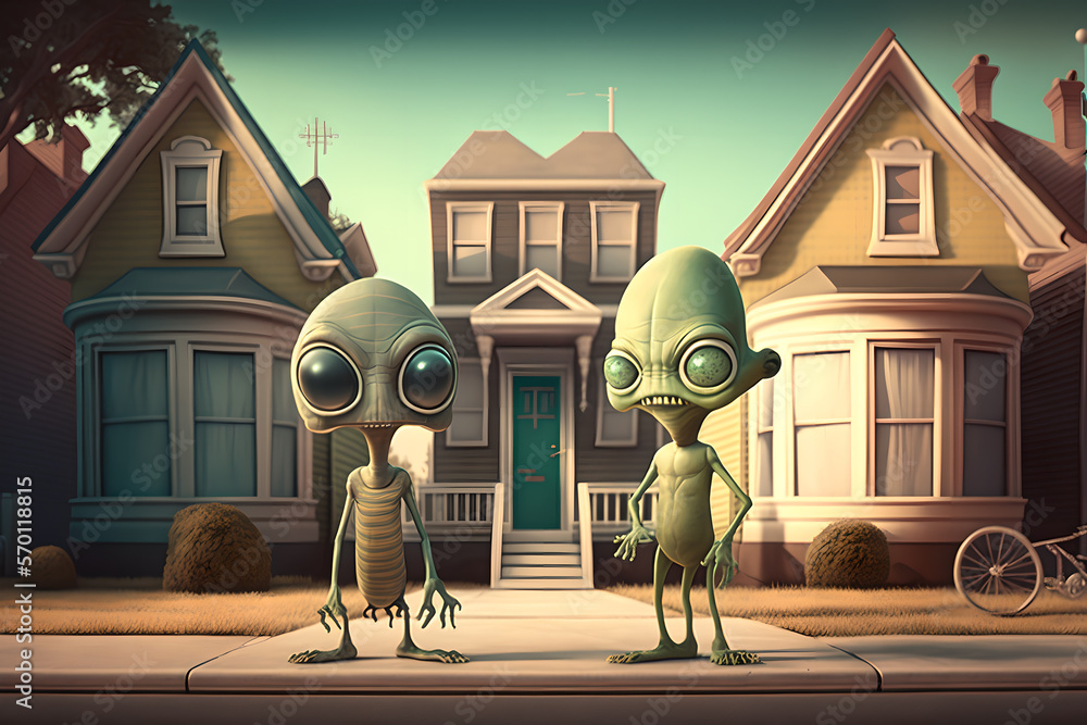 Cute, very adorable grey alien people with huge eyes and smiling ...