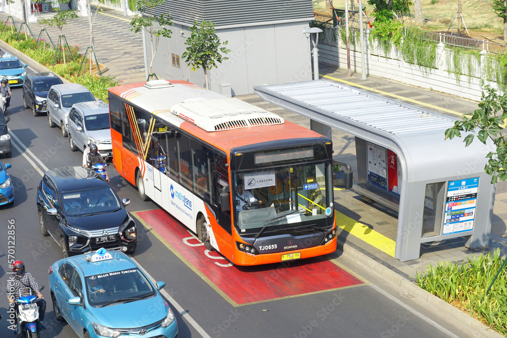Transjakarta regular bus transit at bus stop on Oc.t 9, 2019 - jakarta ...
