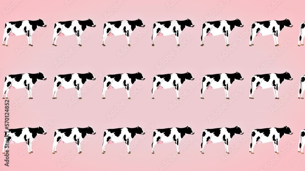 Surreal Digital Pink Background With Moving Cow Herd. Animated Cute ...