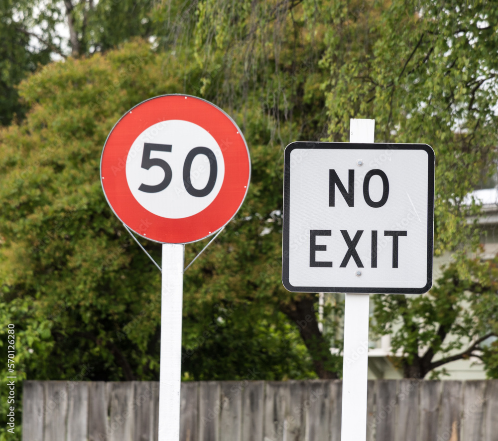 50 speed limit and no exit road signs Stock Photo | Adobe Stock