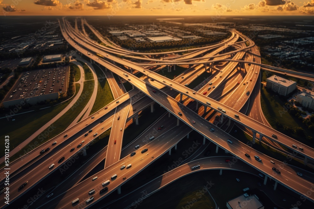 Aerial view massive highway intersection, stack interchange with ...