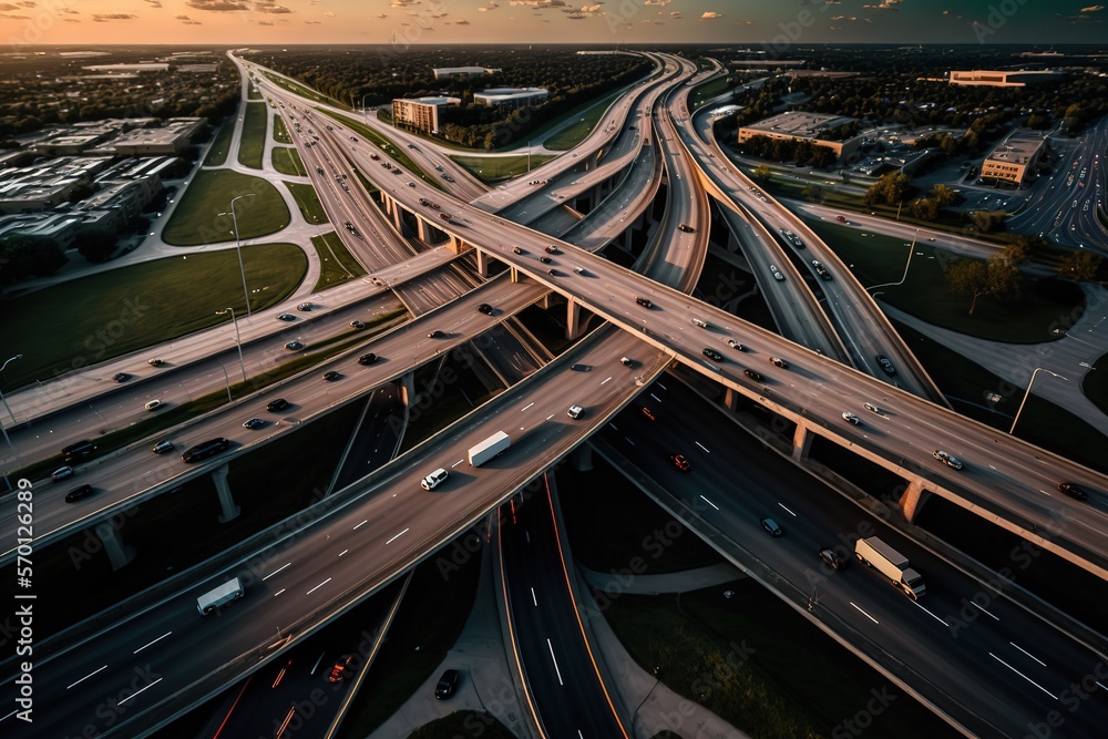 Aerial view massive highway intersection, stack interchange with ... Aerial view massive highway intersection, stack interchange with ...
