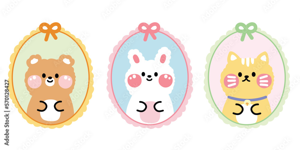 Set of cute oval shape frame with animal picture.Cartoon character ...