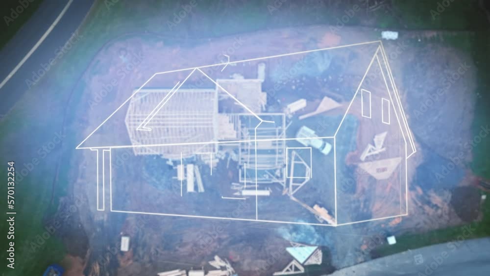 Animation of house blueprints overlay on top real home construction ...