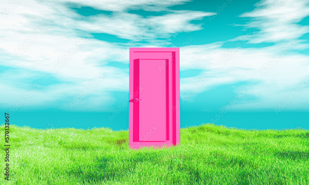ilustración surrealista de puerta color rosa en escenario de campo ...