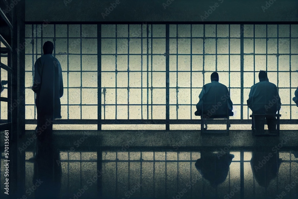 Concept art for a movie showing prisoners standing and sitting in cells ...
