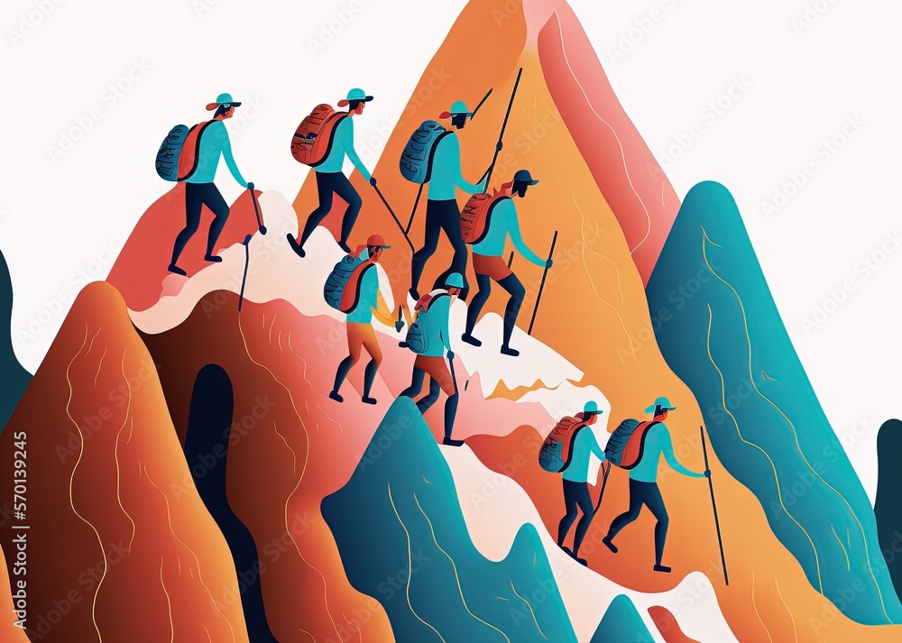 people working together to climb a mountain, made with generative ai ...