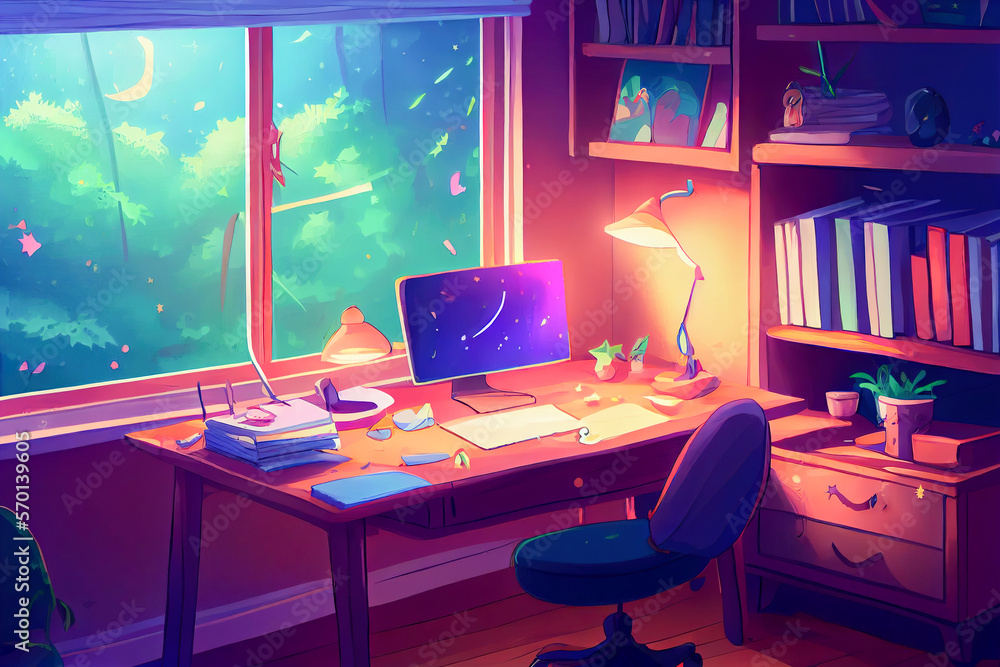 anime desktop interior in a room overlooking a green forest. Generative ...
