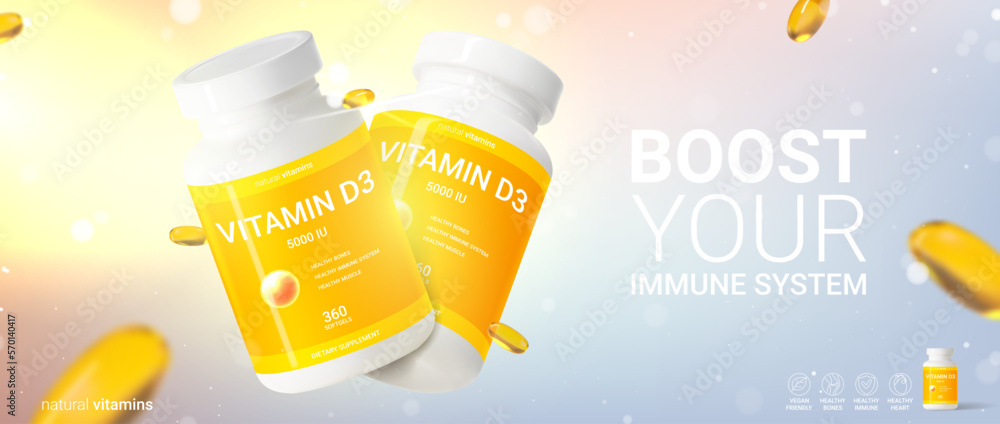 Horizontal ad banner of vitamin d3. 3d vector illustration of dietary ...