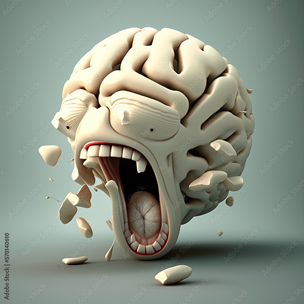 Very angry hungry nervous brain, 3D cartoon and puzzling, cérebro ...