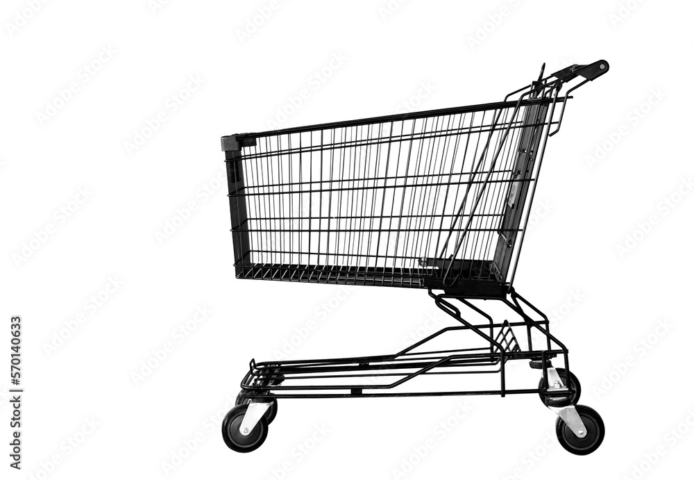 side view black metal shopping cart or trolley on clear isolated ...