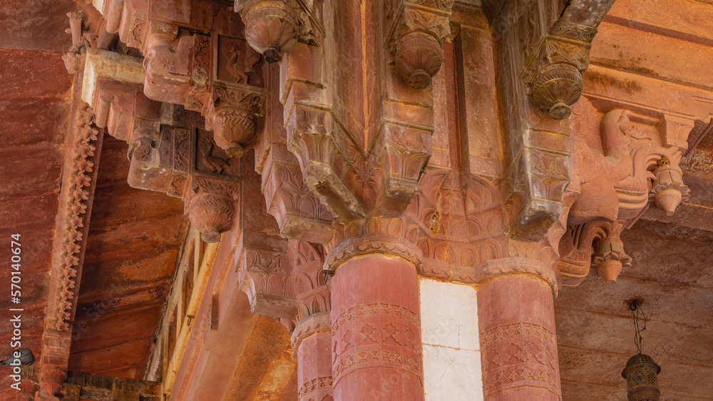 Ancient Indian architecture. Fragment. The columns with carved ...