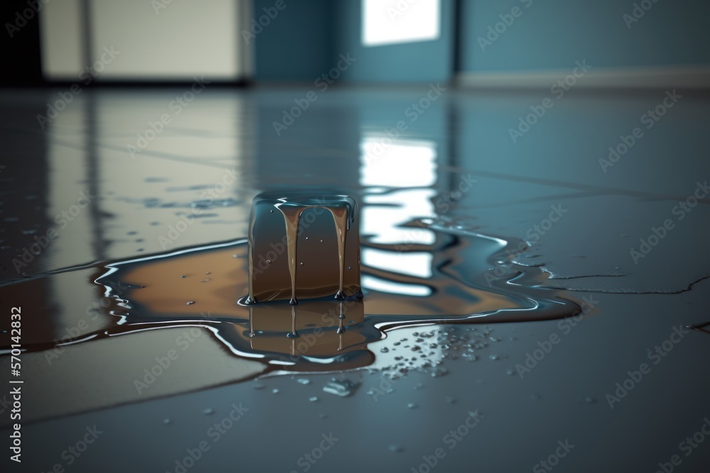 A close up of a water leak on a building floor. a wet floor caused by ...