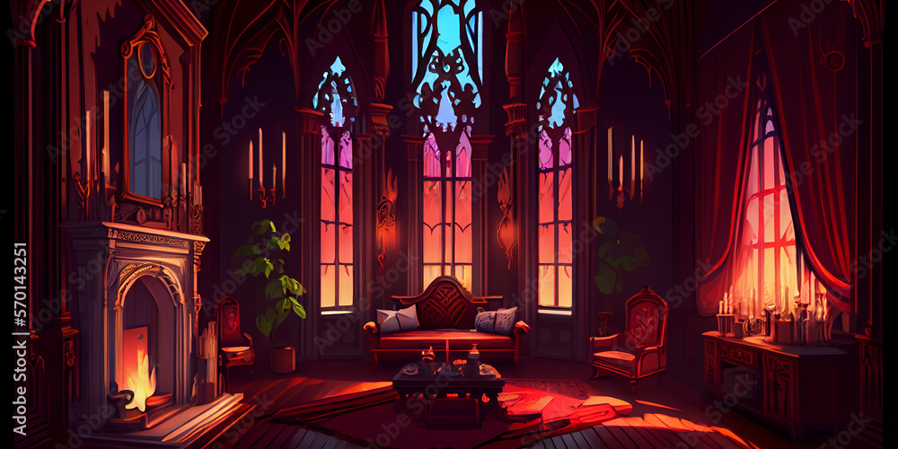 interior, large gothic architecture victorian castle living room, cats ...