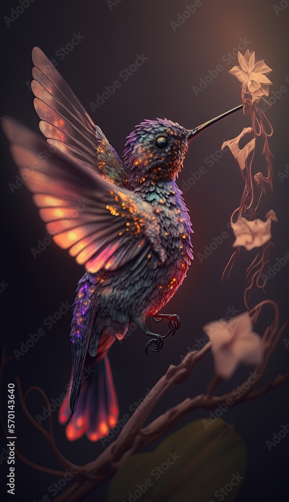 Ultra-realistic hummingbird with golden sparks, translucent wings, rich ...