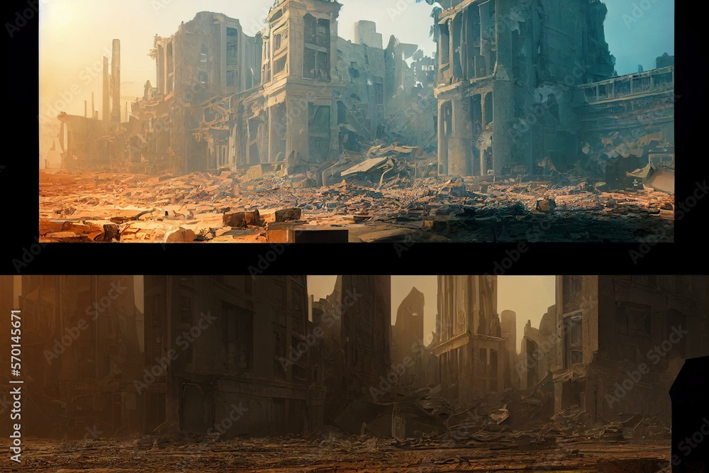 Cinematic disaster concept with ruins and damaged buildings.Digital art ...