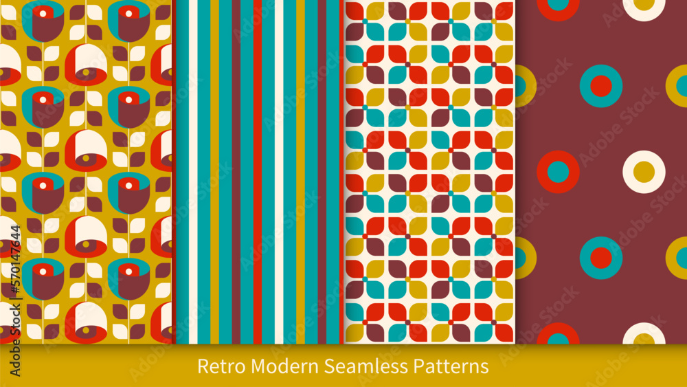 Set of 4 seamless patterns with retro modern motifs and colors. For ...