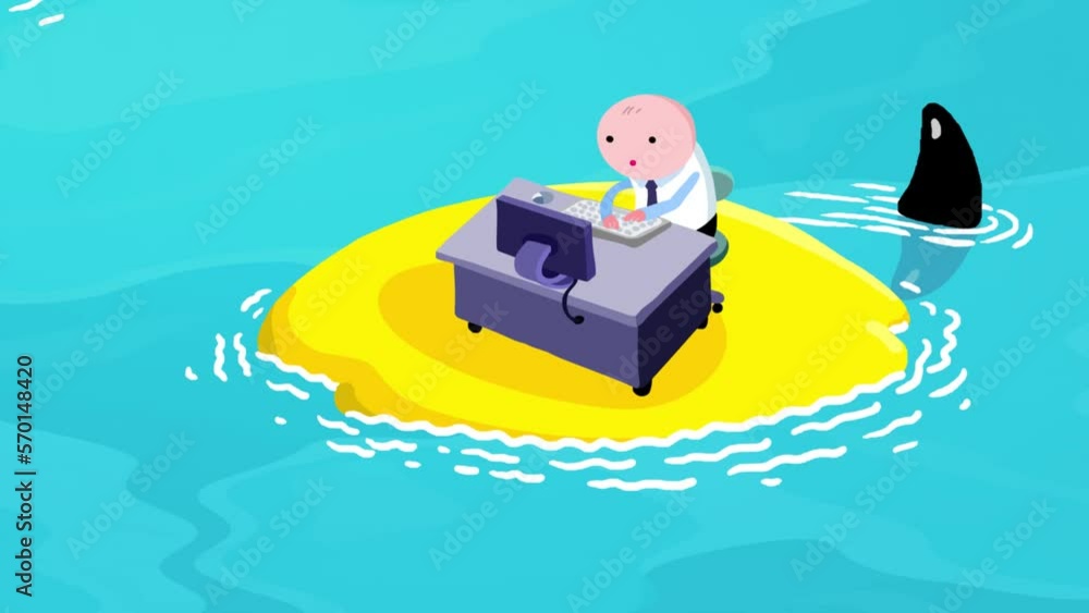 Employees at the desks on islands with shark swimming around volor ...