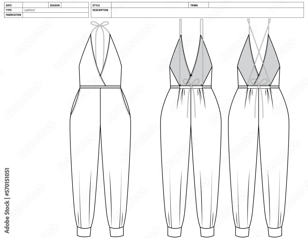 Customizable Fashion Jumpsuit Vector Illustration, One-Piece OutLine ...