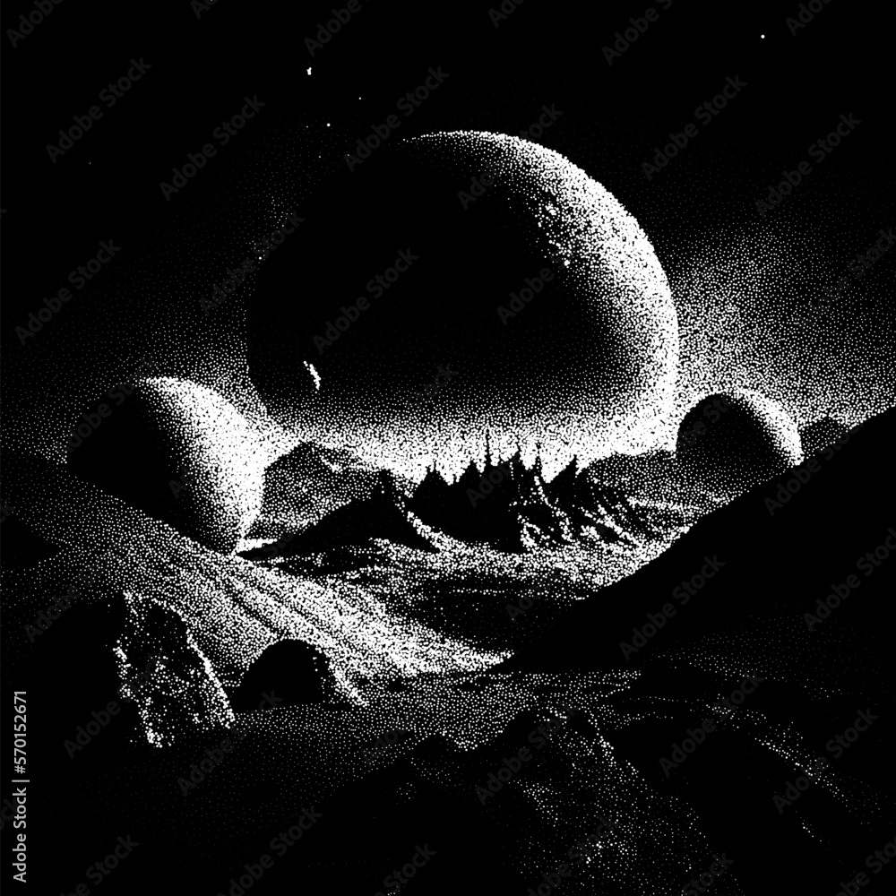 Alien planet landscape in retro dotwork style. Planets and satellites ...