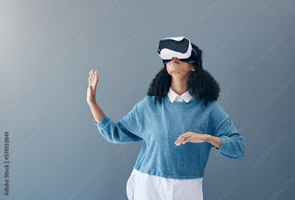 Metaverse, virtual reality headset and woman with hands for mockup ...