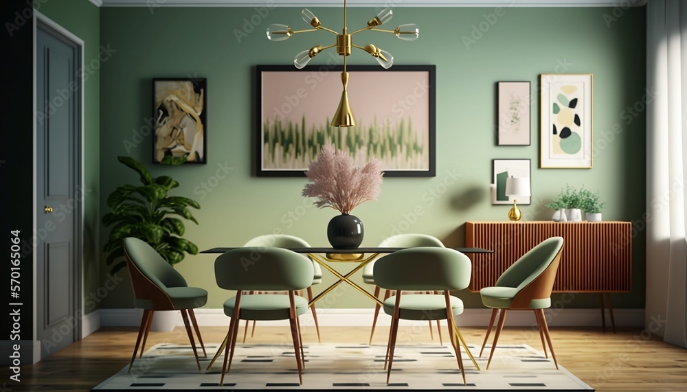 Mid century modern dining room with classic style and light green ...