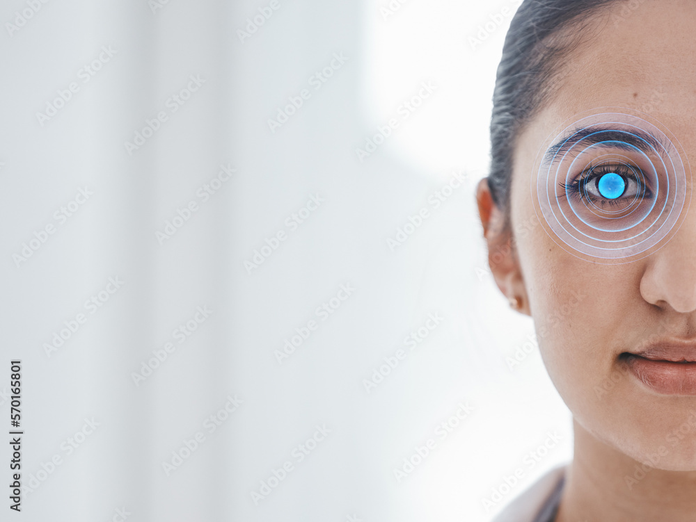 Cybersecurity, eye scan and portrait of a woman at work for facial ...