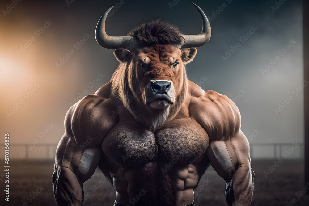 Powerful inflated muscular bull bison with sharp horns and angry ...